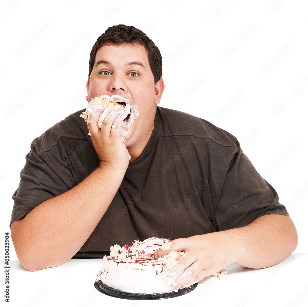 Overweight, man and face eating cake or desert isolated on a png ...