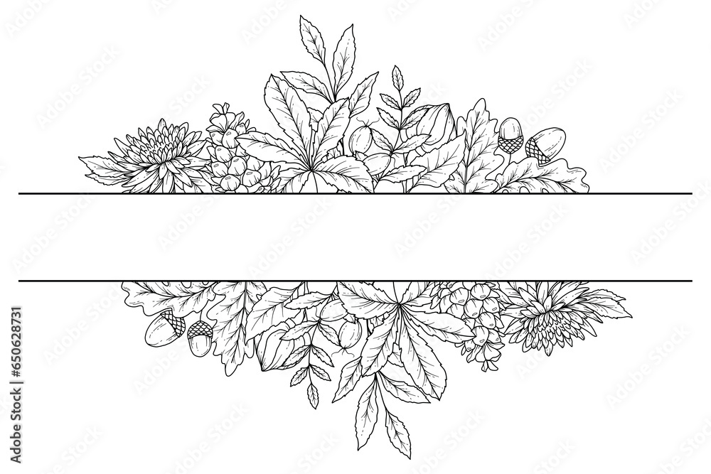 Fall floral frame outline. Fall Foliage Line Art Illustration, Outline ...