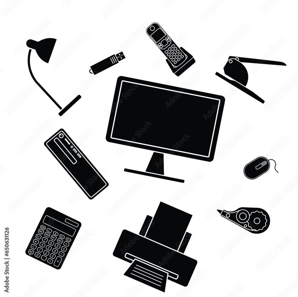 Set of office supplies silhouette flat icon vector isolated on white ...