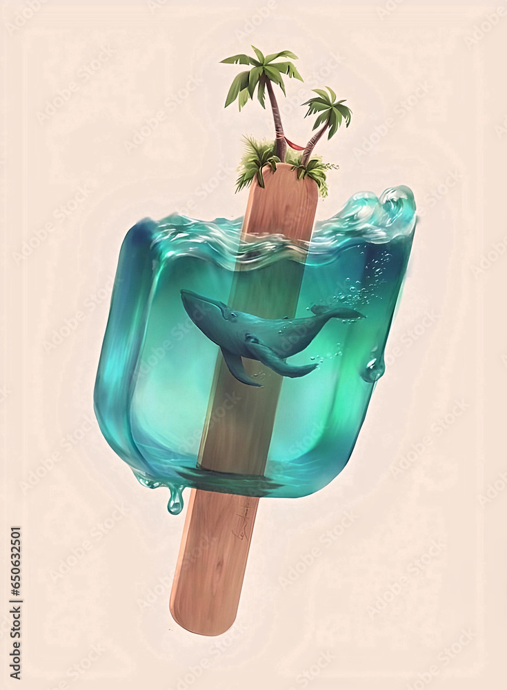 illustration of a whale swimming in ice cream, the island on top of the ...