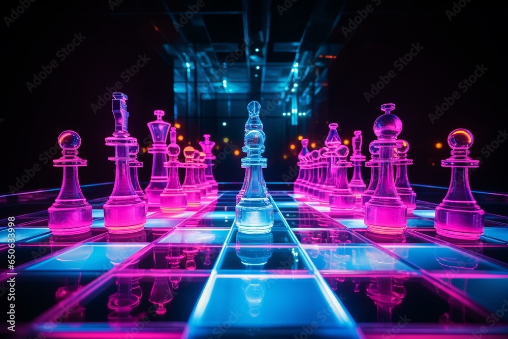A futuristic chess board with colorful neon light chess pieces ...