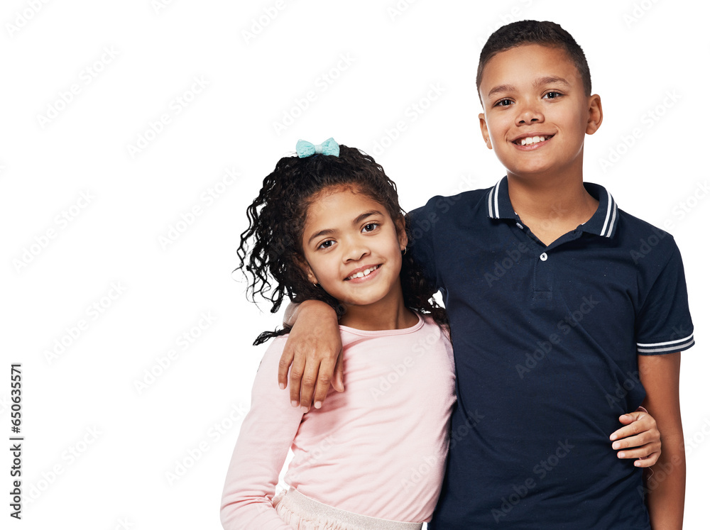 Mexican, portrait and siblings with kids, hugging and isolated on a png ...