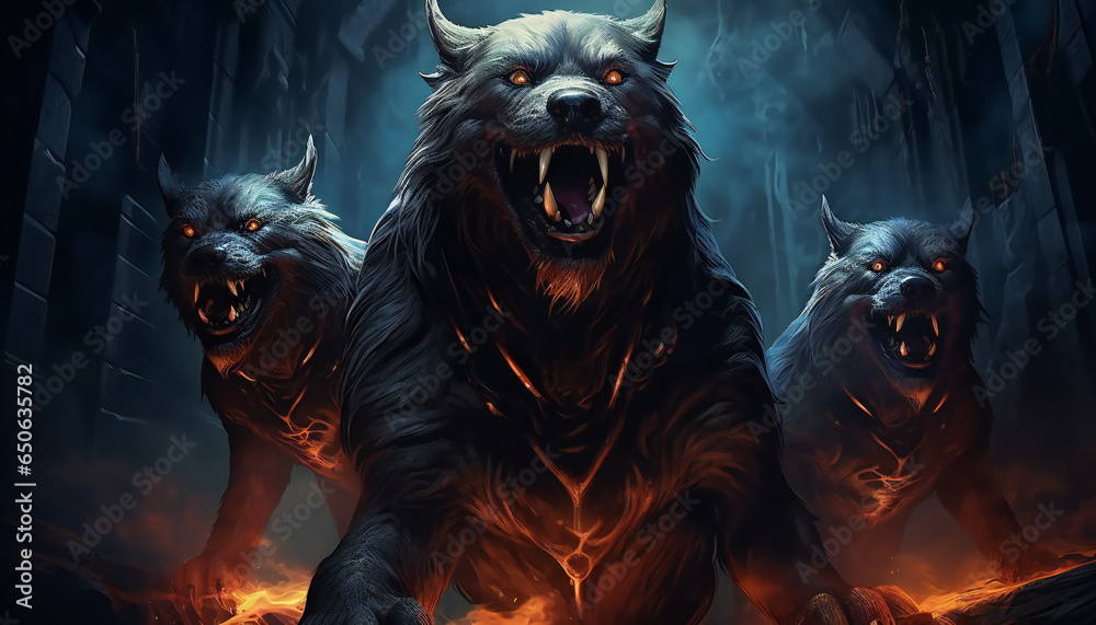 Alegoric terrorific recreation of Cerberus dog, hound of Hades, hell ...