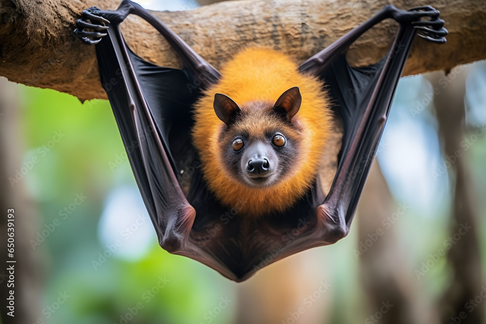 Pteropus vampyrus or large flying fox bat handing on a tree, close-up ...