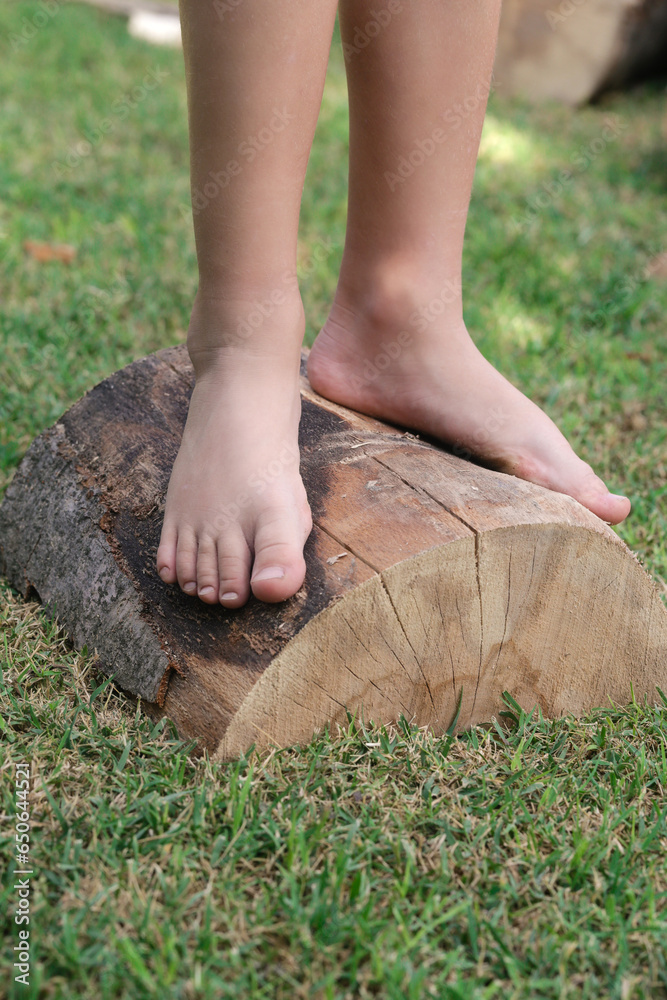 Child feet on wood log, barefoot little girl on tree trunk, countryside ...