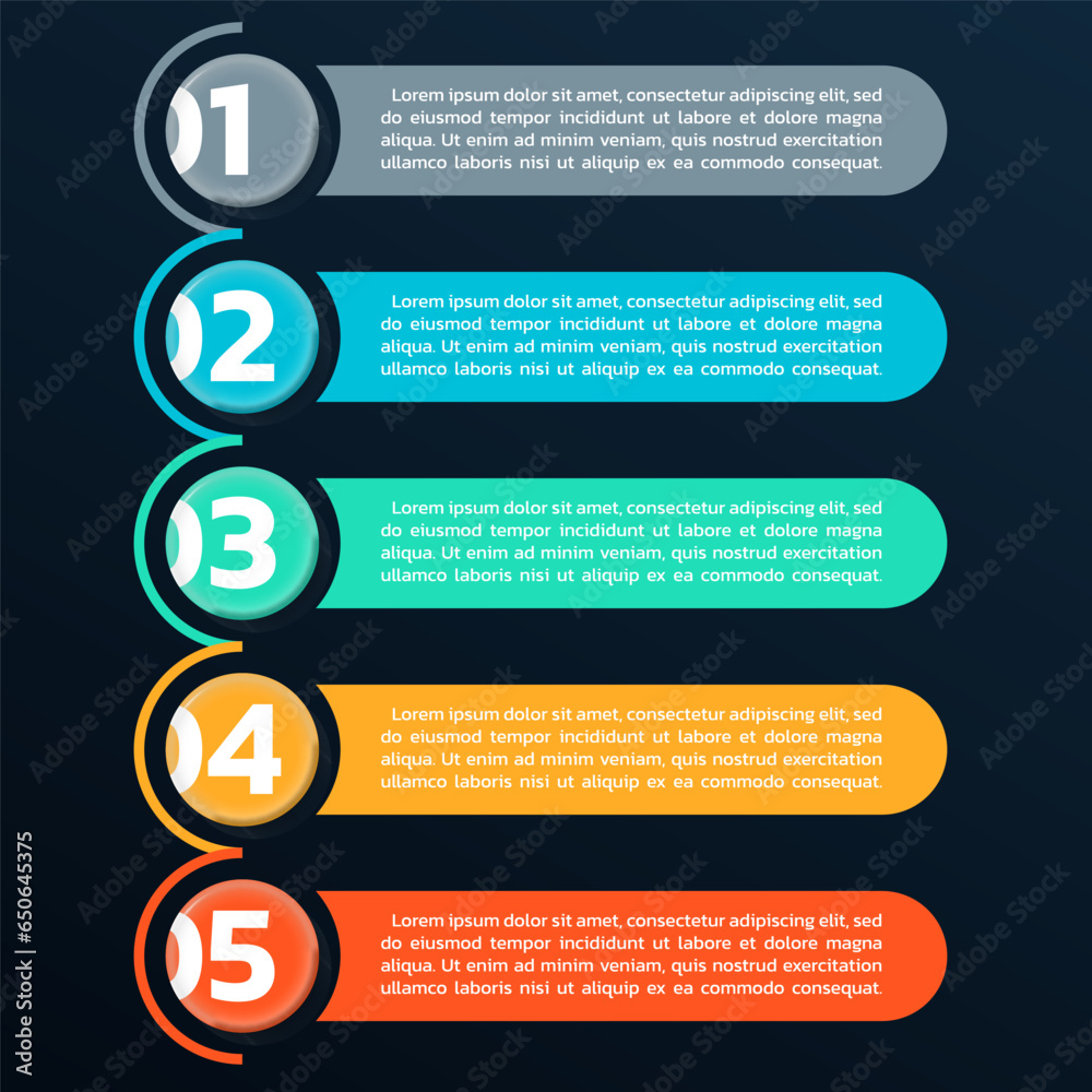 5 steps info graphic, number options, text box banners. Business ...