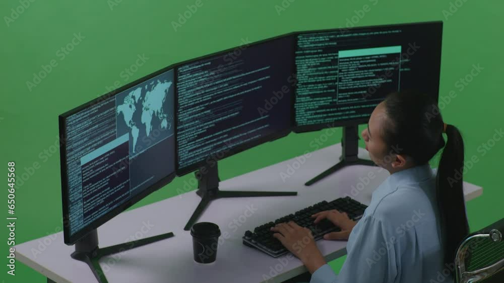 Side View Of Tired Asian Woman Developer Stretching While Write Code With Multiple Computer ...