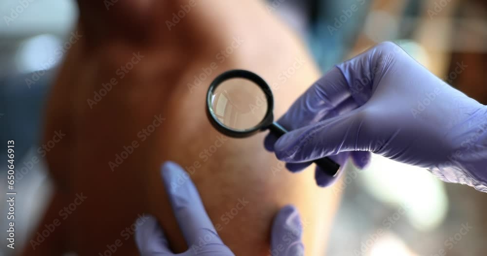 Doctor dermatologist examining rash on skin with magnifying glass ...