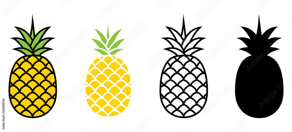 Pineapple fruit set. Tropical sweet ananas collection in different ...