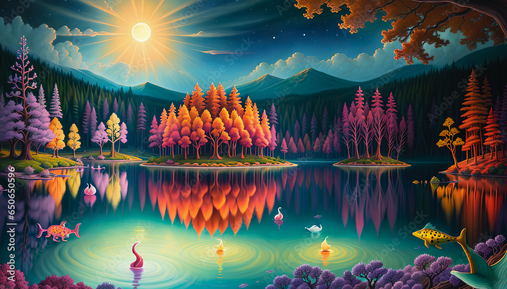 Colorful landscape above the lake. Fantasy style. An enchanting and ...