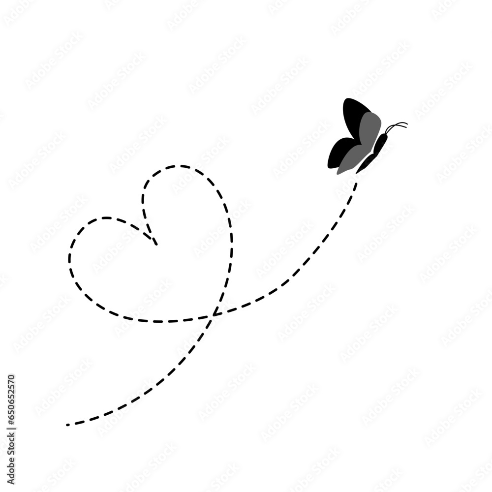 Flying butterfly dashed lines path. Heart formed by route of dashed ...