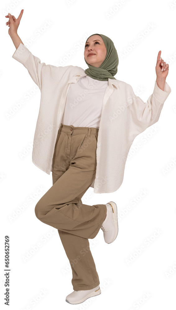 Full body young caucasian muslim woman, stand on one foot, outstretched ...