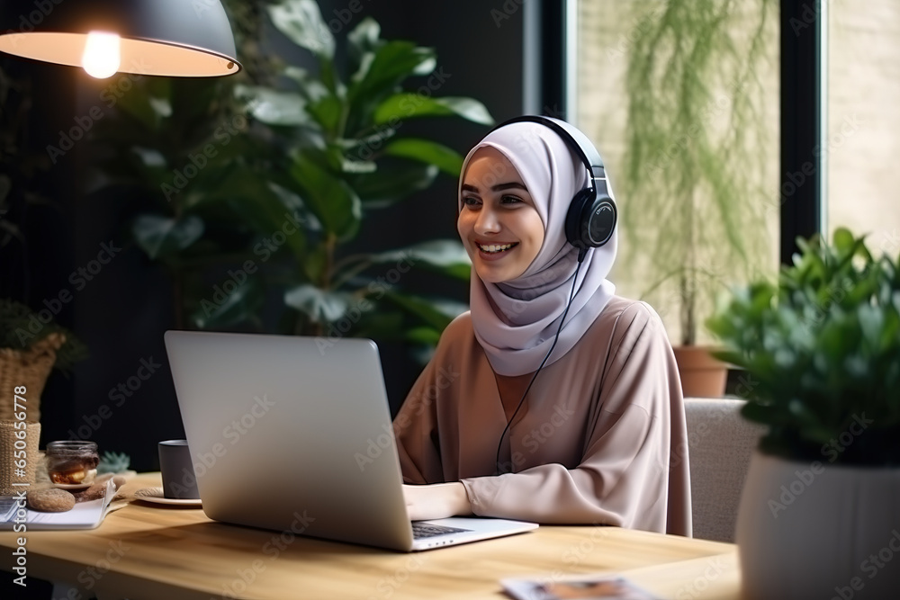 Muslim woman wearing hijab working on laptop at beautiful cozy office ...