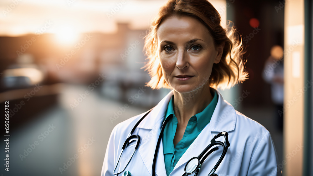 Doctor in doctor's coat with sthetoscope and sunset in background ...