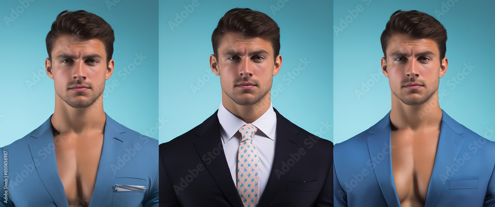 Collage images of same business man in different clothes over light ...