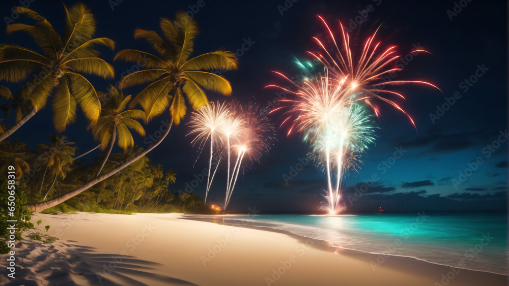 Fireworks lighting up night on a tropical island with palms, sandbeach ...