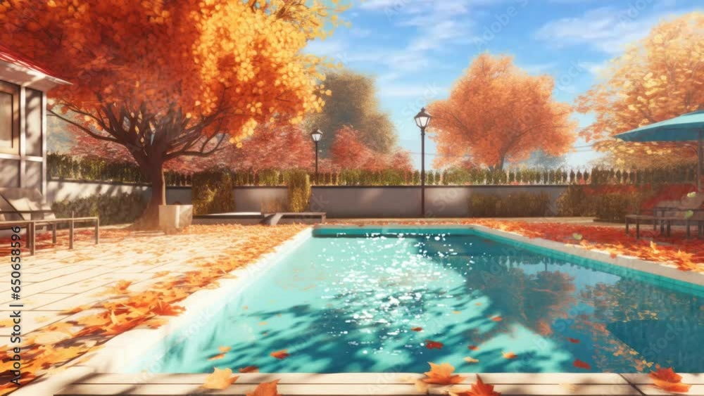 autumn in the pool animated background in Japanese anime watercolor ...