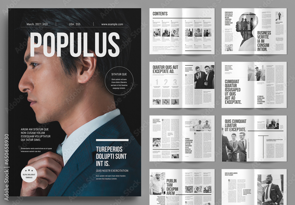 Magazine Layout with Gray Accents Stock Template | Adobe Stock