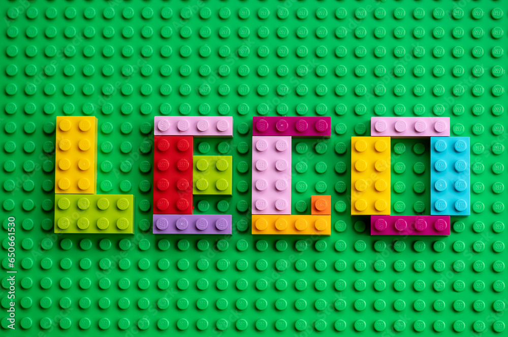 Smolensk - September 21, 2023: Colorful mosaic letters with Lego text ...