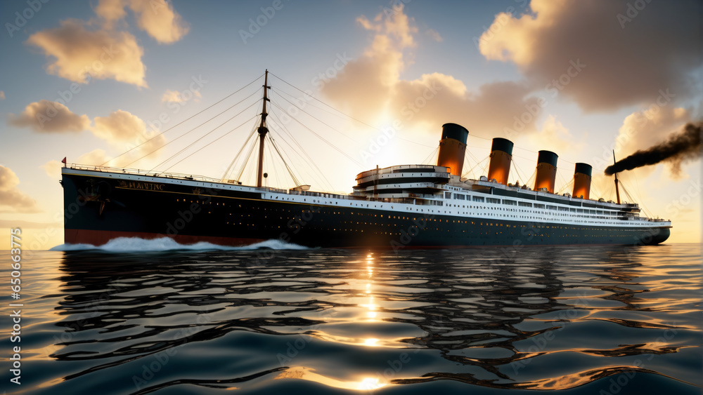 Titanic ship at the sea with sunset in background. High detailed and ...