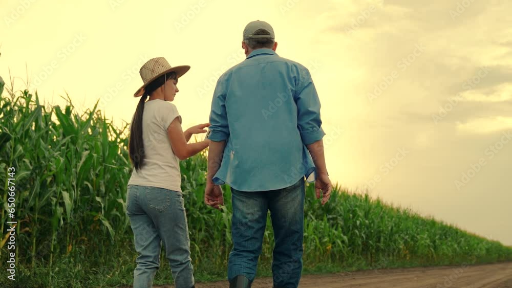 Business people grow corn. Teamwork of farmers in corn field. Two ...