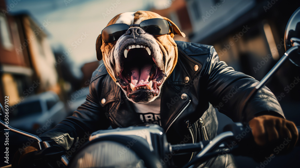 Badass angry biker bulldog with sunglasses and black leather coat ...
