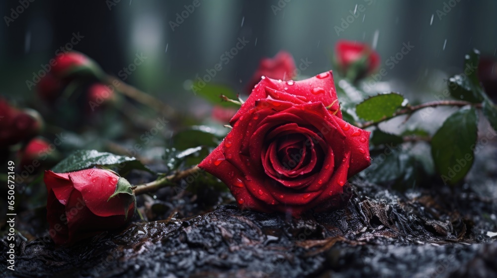 Wild red rose bush thriving in a old gothic cemetery near ruined and ...
