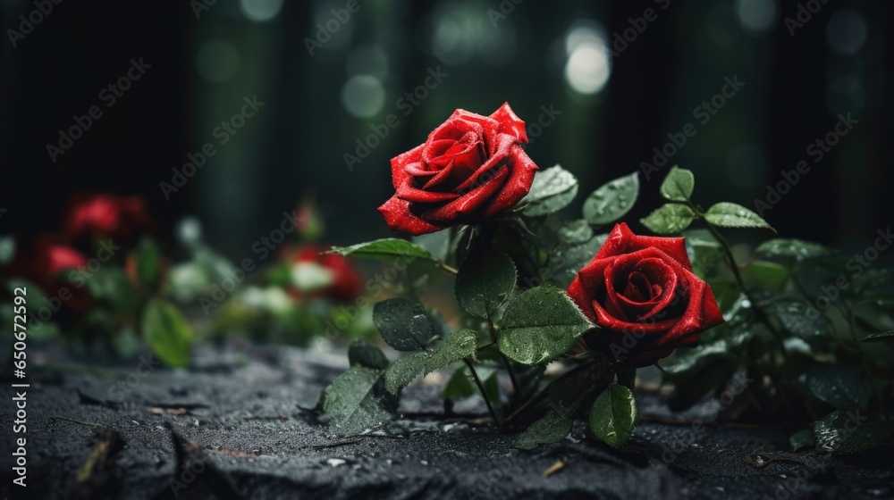 Wild red rose bush thriving in a old gothic cemetery near ruined and ...