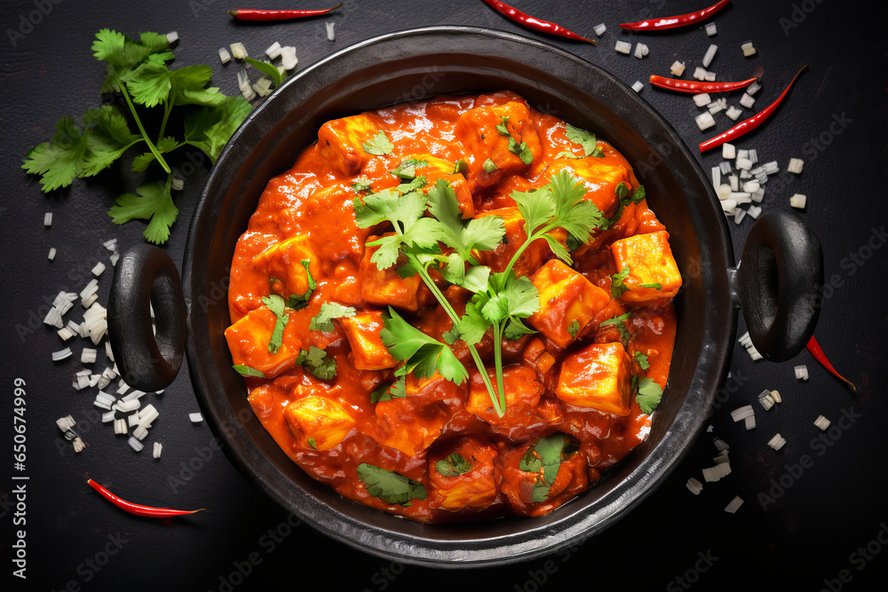 Top view at Indian paneer tikka masala in cast iron kadai pan ...