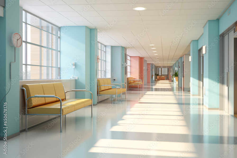 Empty modern hospital corridor background and seats at waiting area ...