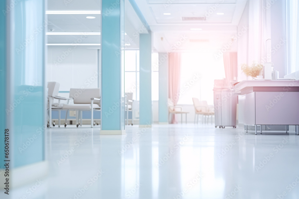 Blurred modern hospital corridor background. Abstract blurred clinic ...