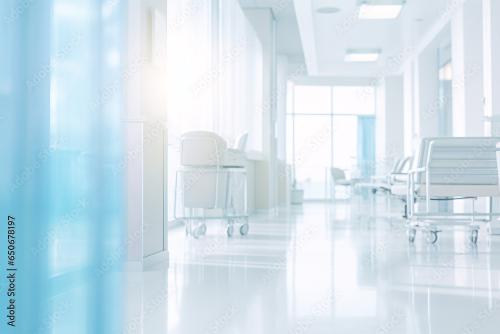 Blurred empty modern hospital corridor background. Abstract blurred ...