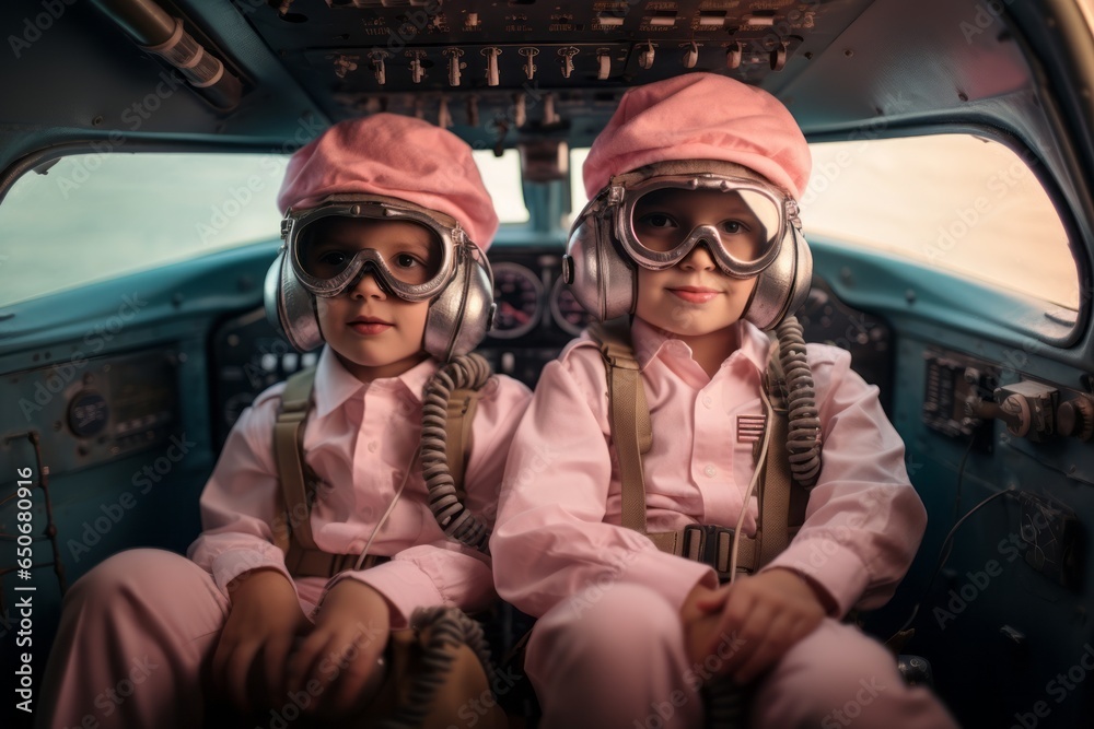 Two cute kids wearing pastel color clothes drive a plane. Young pilots ...