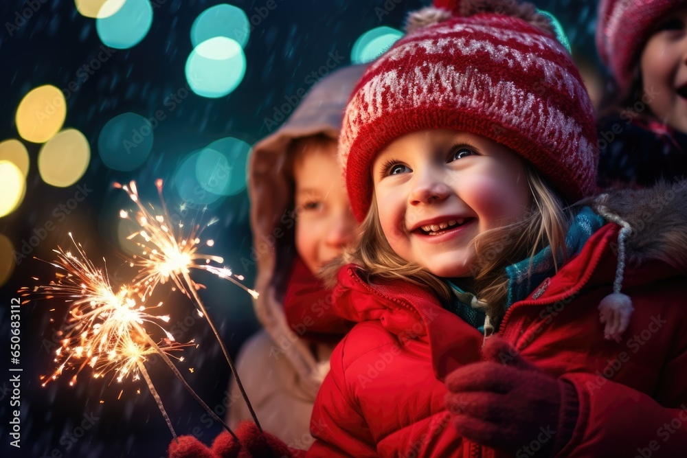 Portrait of childrens with sparklers on Christmas background, ai ...
