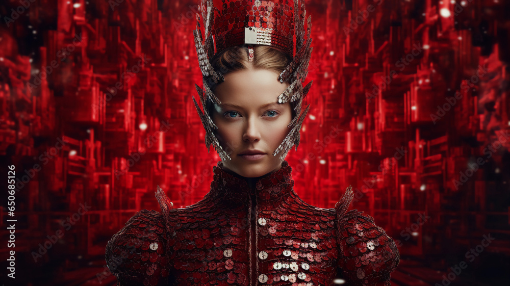 an awe-inspiring photo featuring the digital Red Queen, clad in regal ...