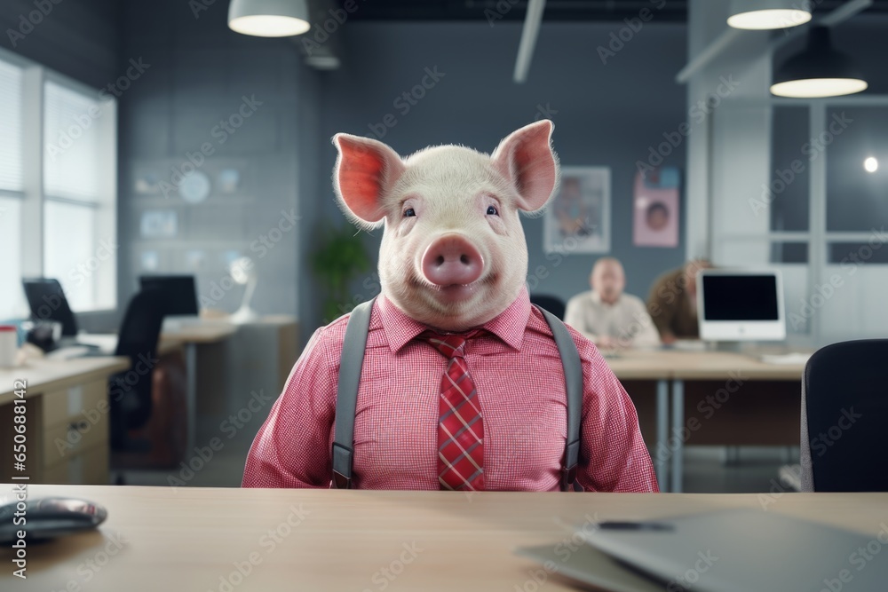 a pig in a pink shirt with a tie sits at the office desk, a pig in the ...