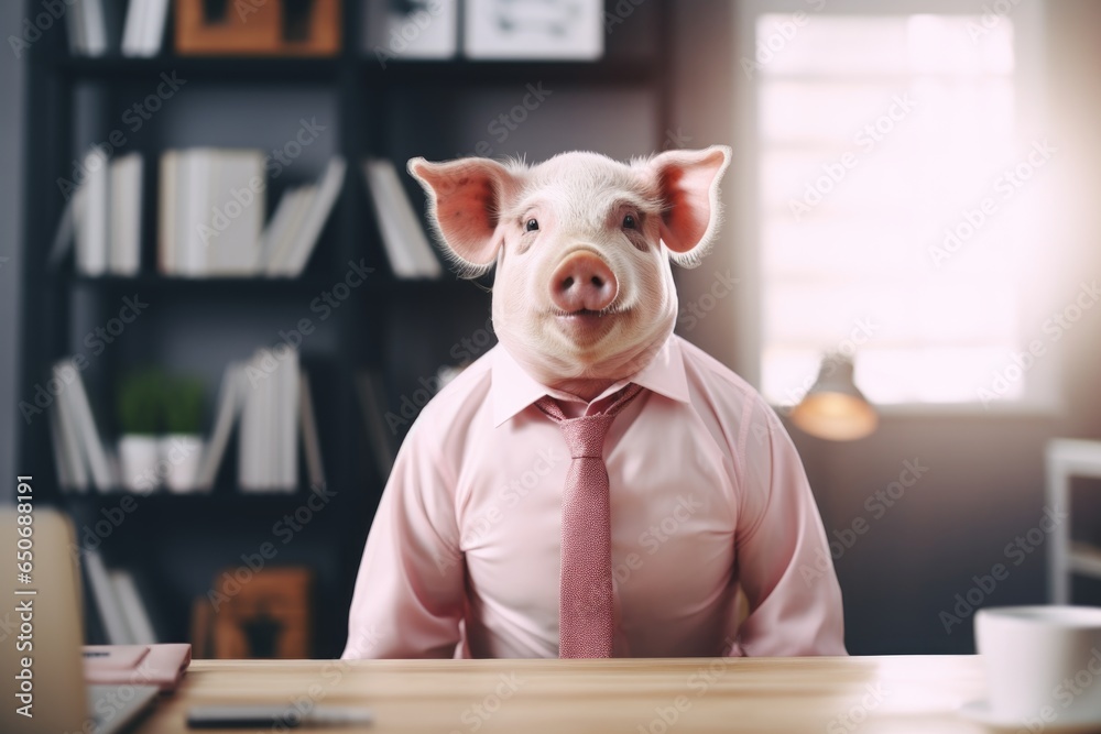 a pig in a pink shirt with a tie sits at the office desk, a pig in the ...