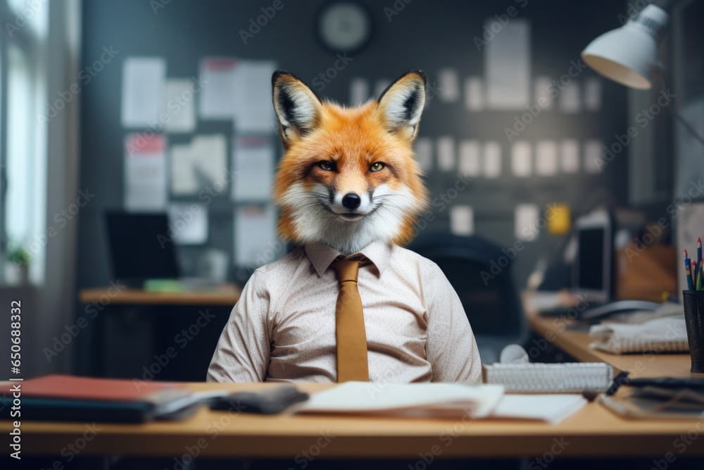 a fox in a pink shirt with a tie sits at the office desk, a fox in the ...
