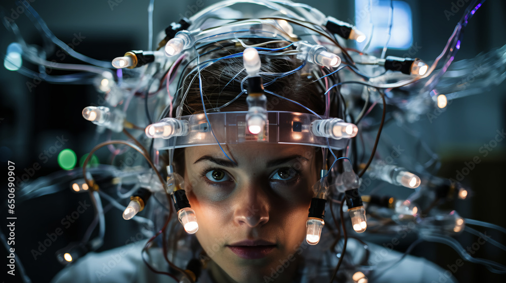 a visionary female neuroscientist operates a multi-electrode array to ...