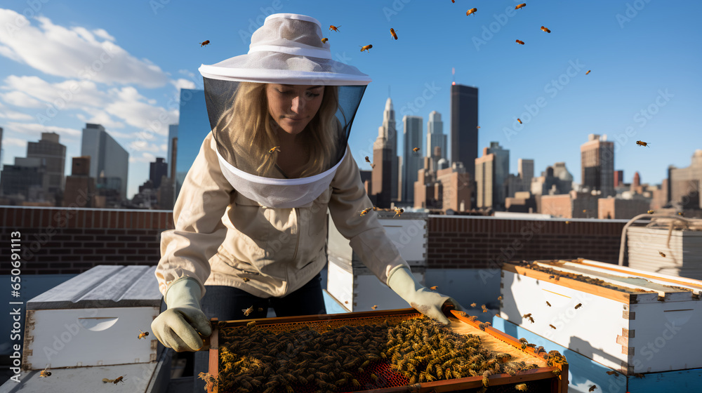 a woman gracefully tends to a rooftop beehive, her dedication to urban ...