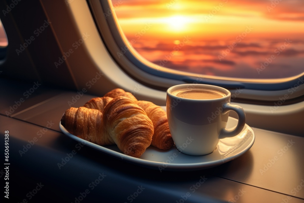 Cup of fresh coffee and croissant served on a business class seats in ...