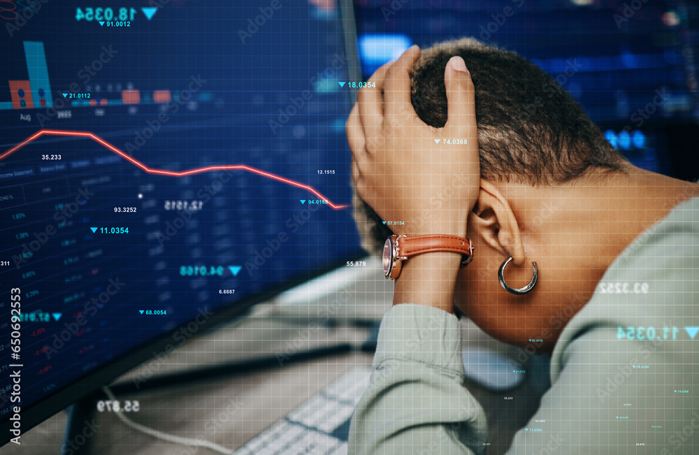 Trader, stress and stock market overlay, computer screen and trading ...
