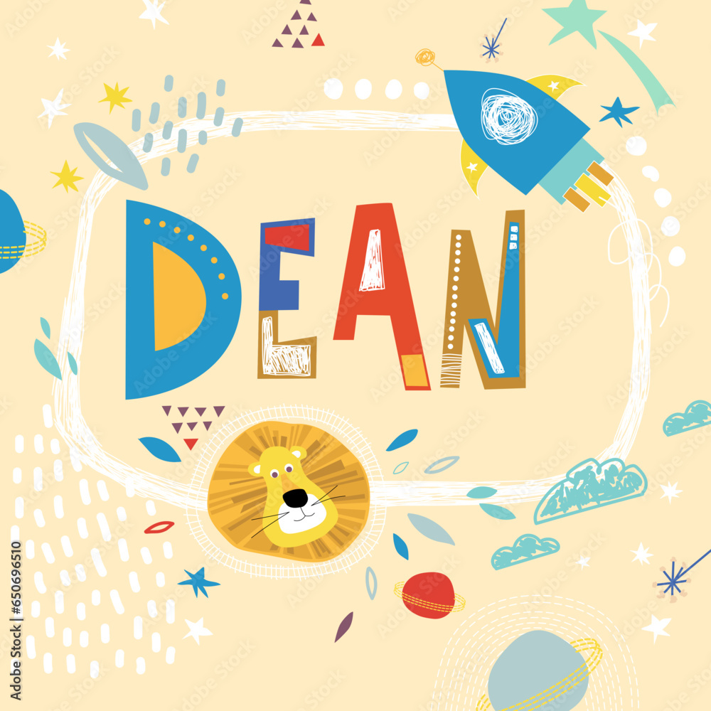 Bright card with beautiful name Dean in planets, lion and simple forms ...