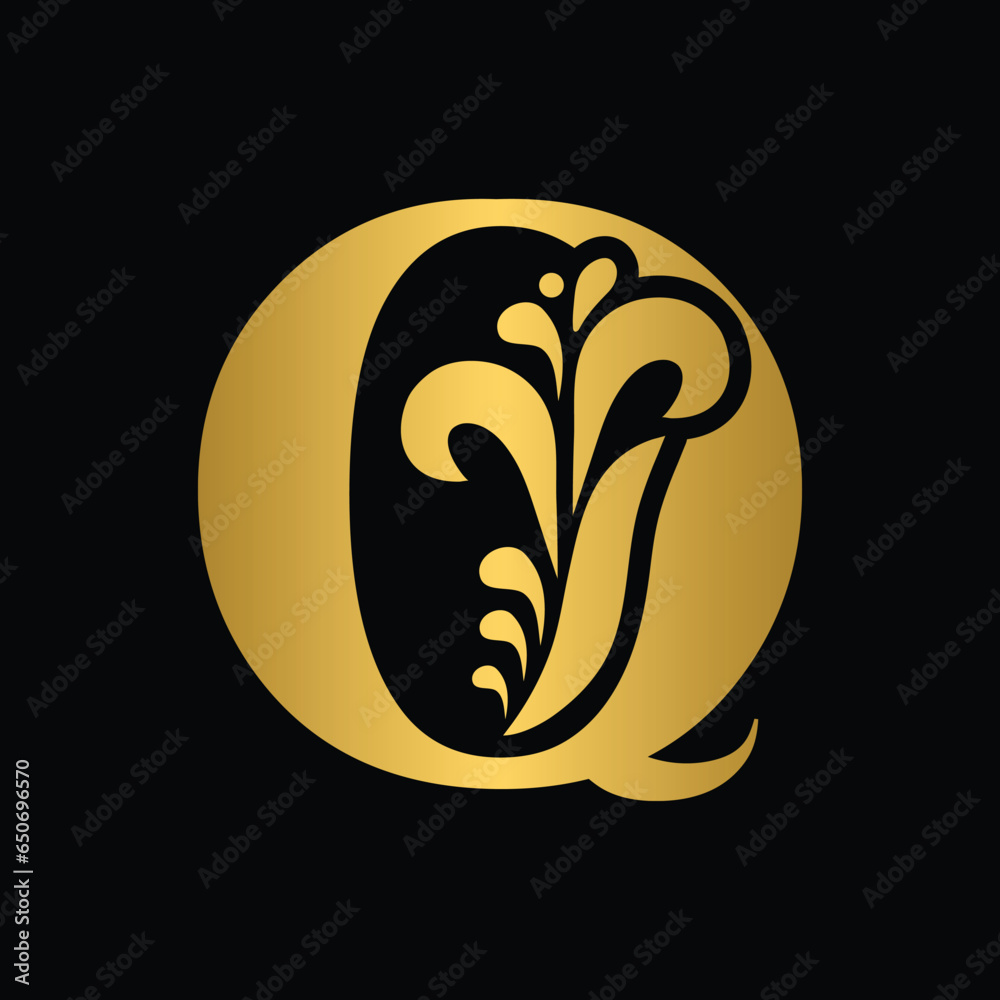 letter Q. Gold flower alphabet. Beautiful capital letters with shadow ...