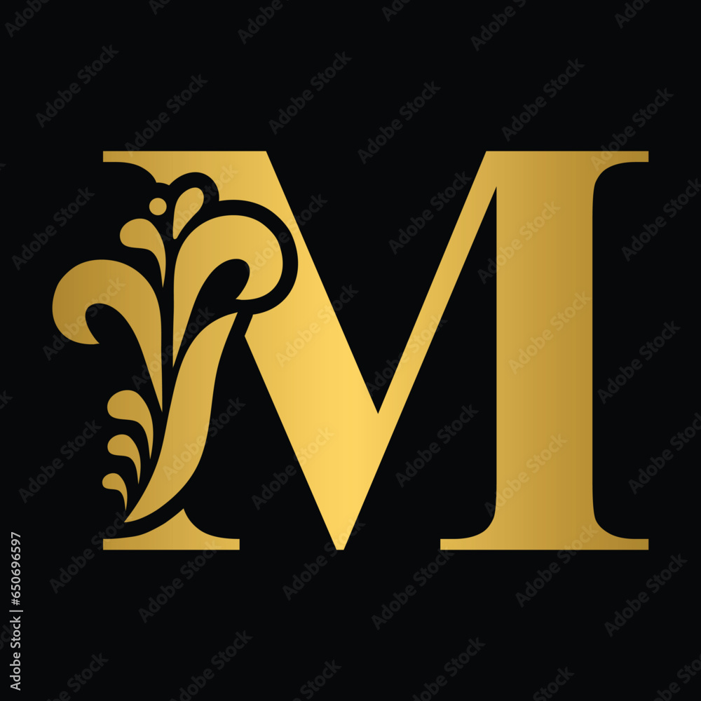 letter M. Gold flower alphabet. Beautiful capital letters with shadow ...