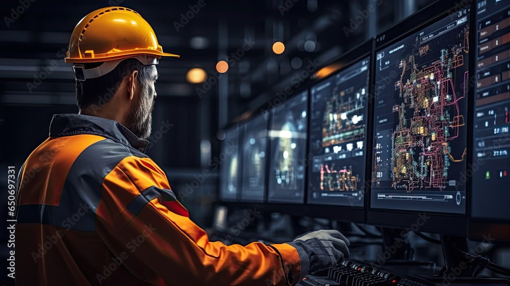 Engineer manager monitors and controls robot arm automation in smart factories in real time ...