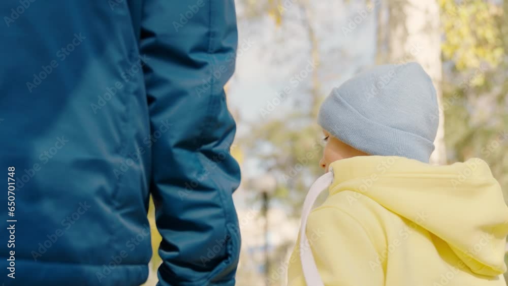 Child, dad, holding his hand, walk down street. Family weekend, autumn ...