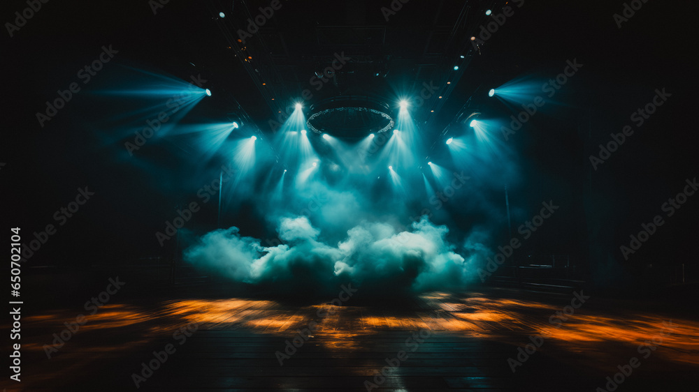 Illuminated stage with scenic lights and smoke. Blue teal spotlight ...