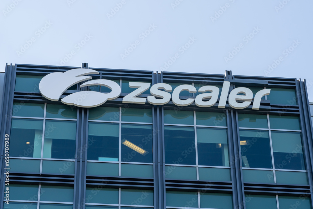 Zscaler sign on its headquarters building in Silicon Valley, San Jose ...