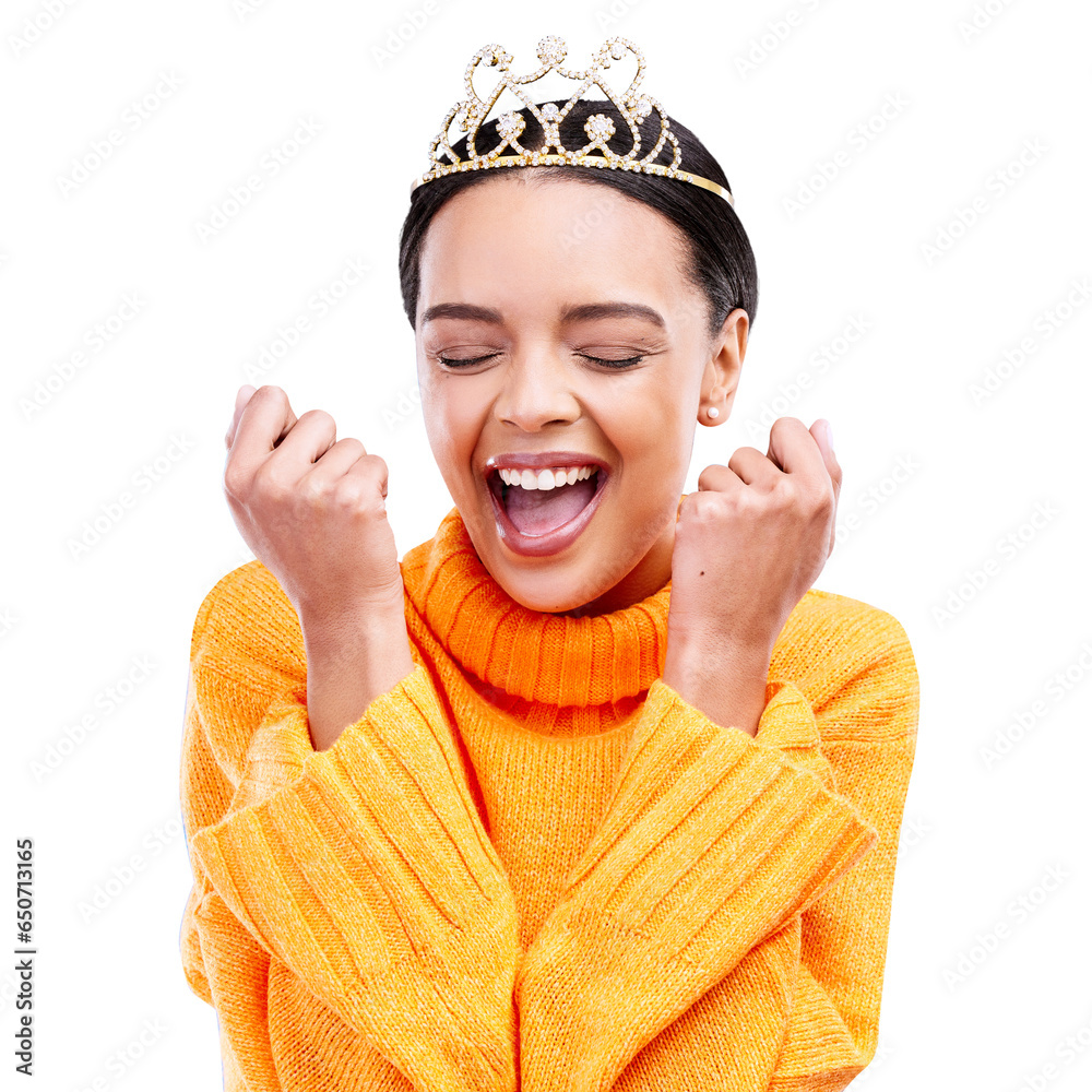 Winner, crown and woman for birthday excited for celebration, princess ...
